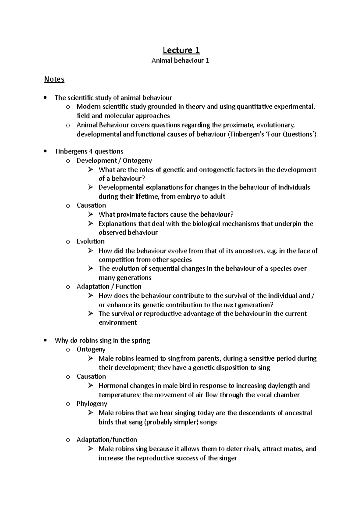 Animals Notes 1 - Lecture 1 Animal behaviour 1 Notes The scientific ...