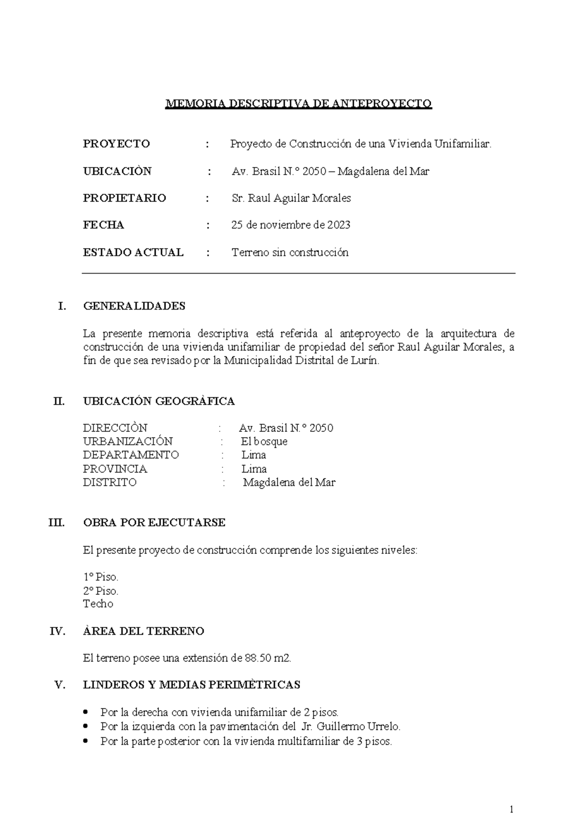 MEMO Descriptiva - Tarea semana 15 - 1 MEMORIA DESCRIPTIVA DE ANTEPROYECTO PROYECTO : Proyecto ...