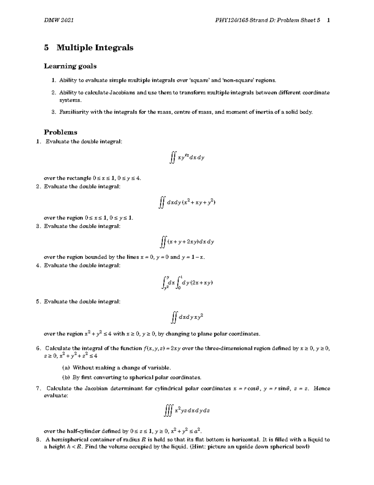 Pc5 - Practise Questions - DMW 2021 PHY120/165 Strand D: Problem Sheet ...