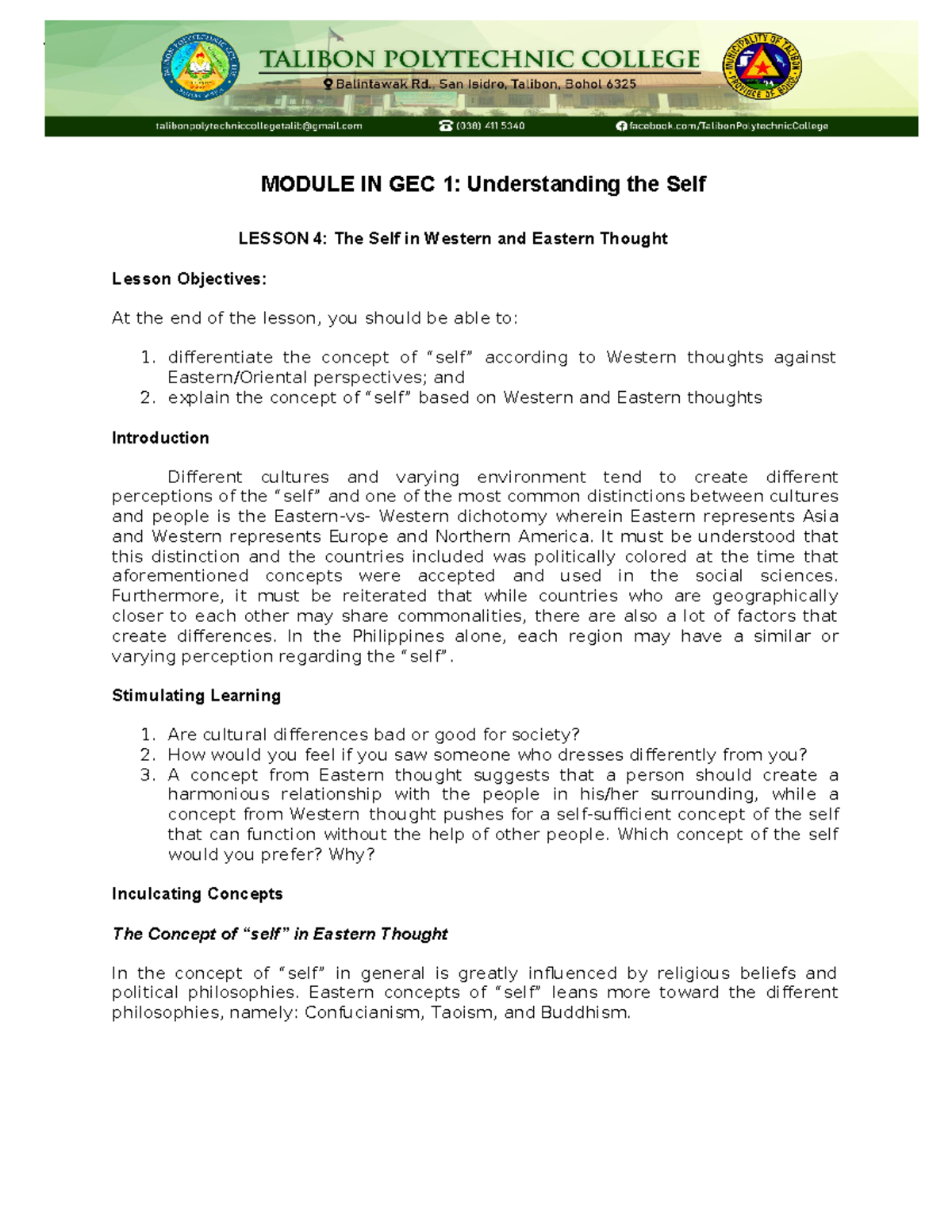 Lesson 4 Edited The Self in Western and Eastern Thought docx - MODULE IN GEC 1: Understanding ...