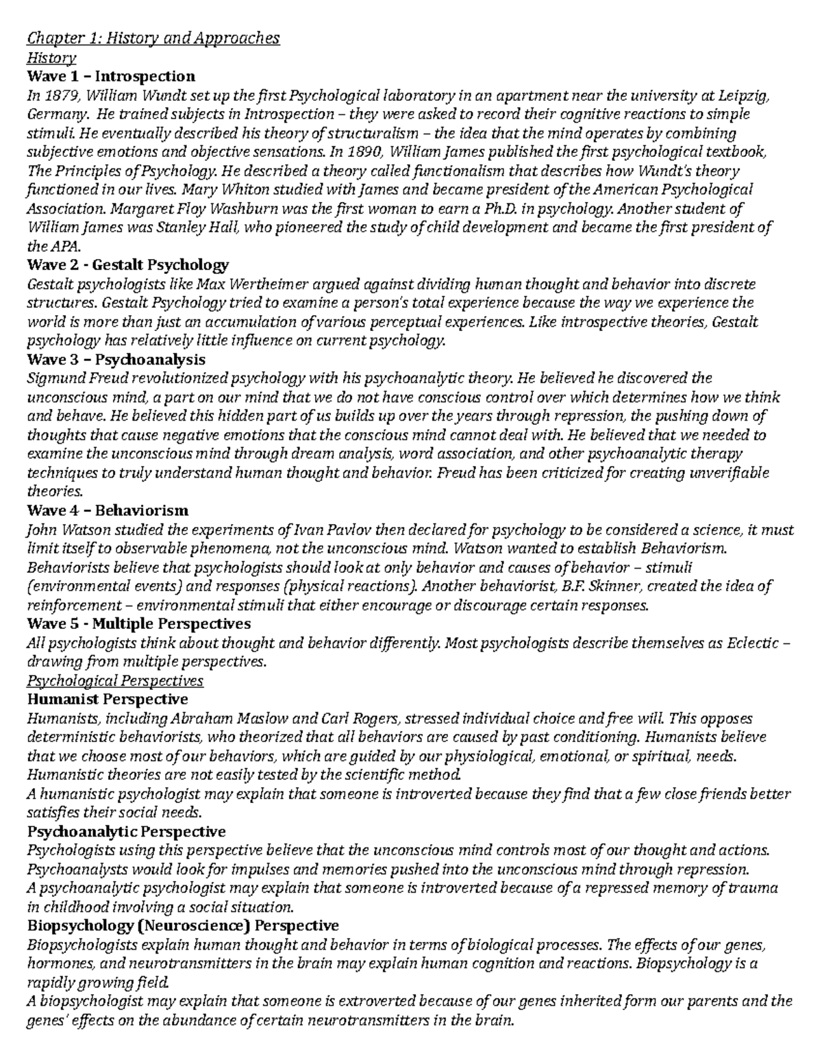 Copy of AP Psychology - Chapter 1: History and Approaches History Wave ...