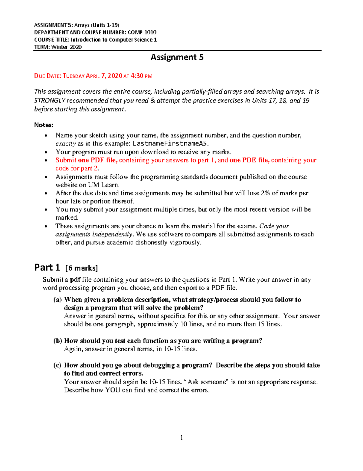 Assignment 5 Comp1010 Winter 2020 Warning Tt Undefined Function 32 Assignment 5 Arrays