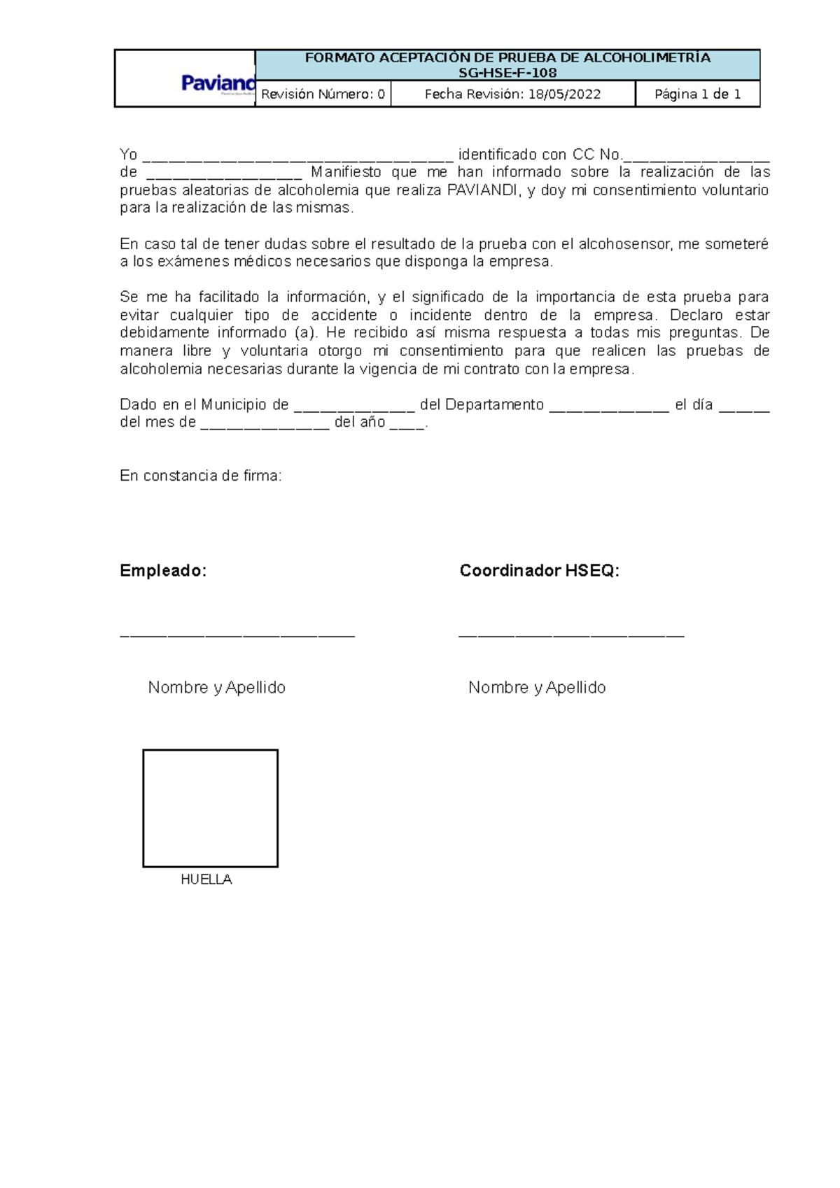 SG-HSE-F-108 Formato aceptación de prueba de alcoholimetría - FORMATO ...
