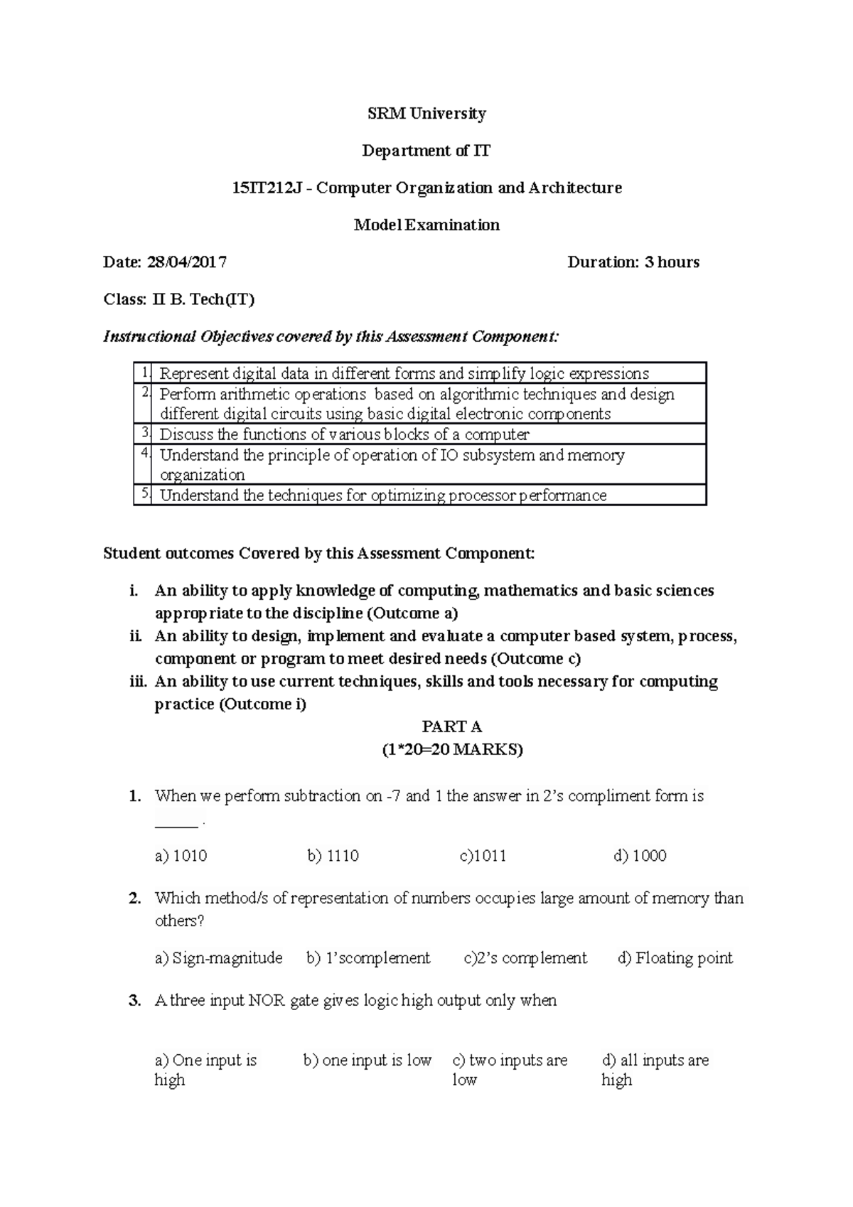 CT-2 Computer Organisation AND Architecture-CT2 - SRM University Department of IT 15IT212J ...