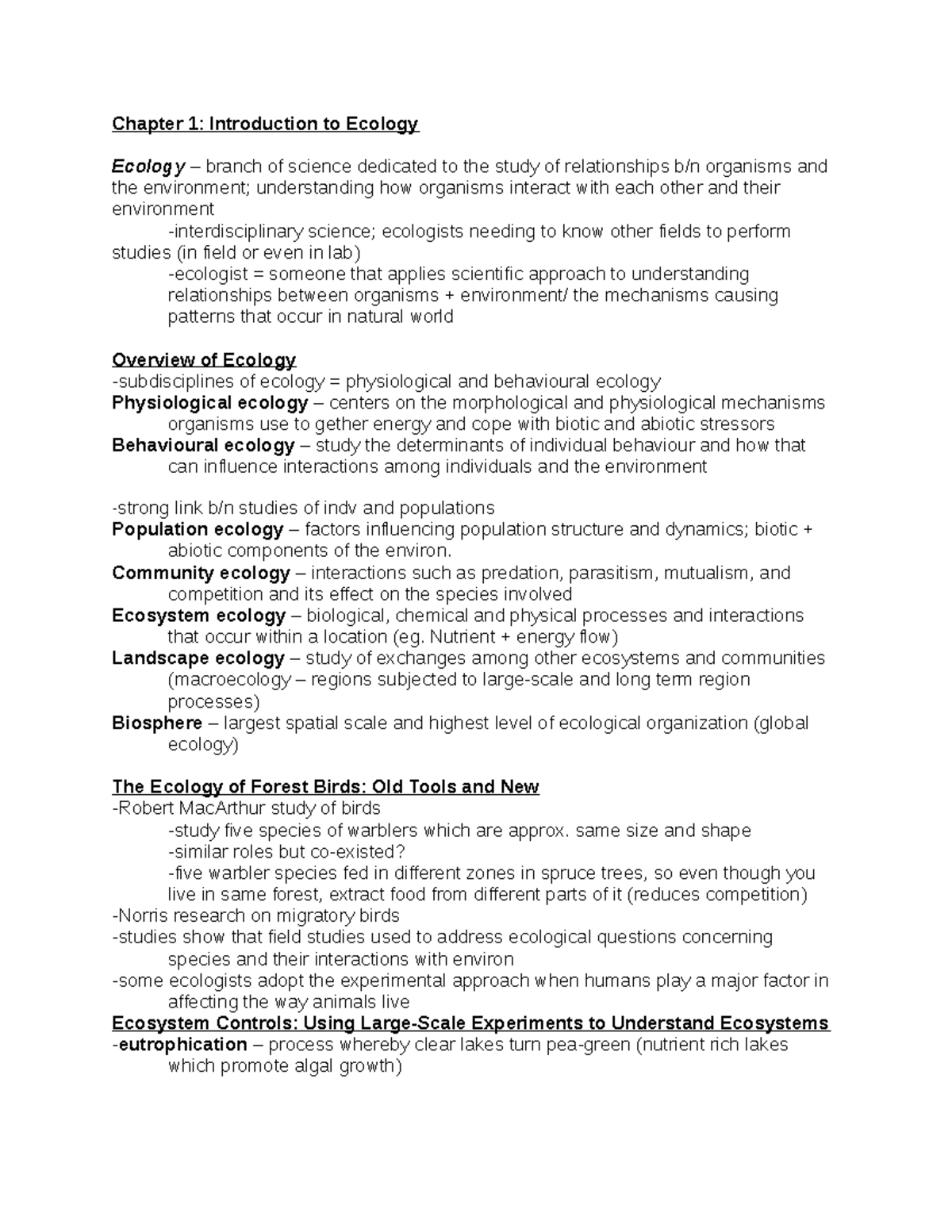 Ecology notes-1 - Chapter 1: Introduction to Ecology Ecology – branch ...