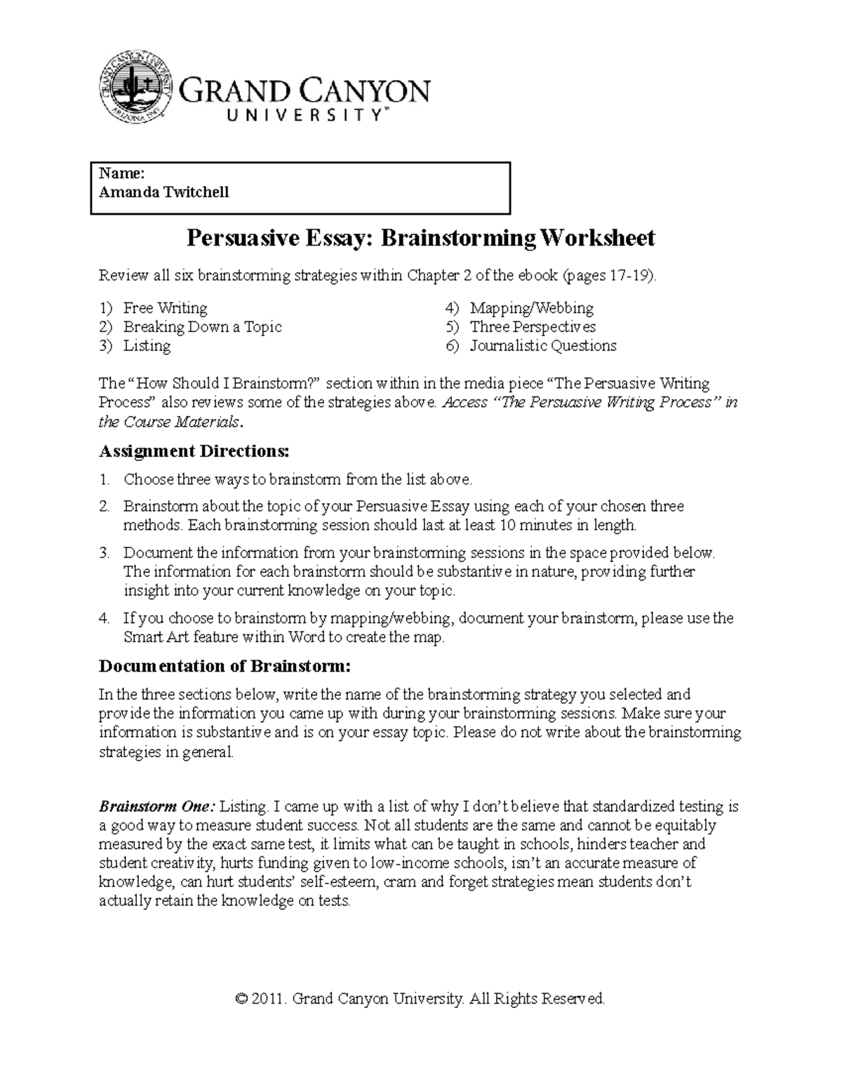 Brainstorming Assignment - Name: Amanda Twitchell Persuasive Essay ...