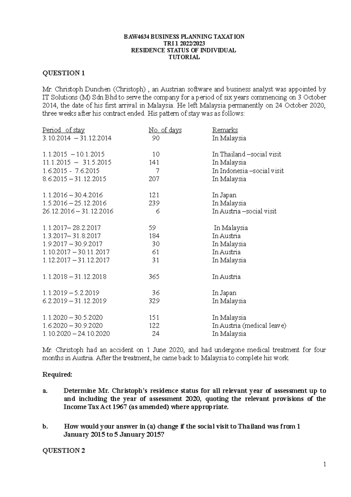 Tutorial 1 Residence Status Q Baw4634 Business Planning Taxation Tri 1 2022 Residence Status