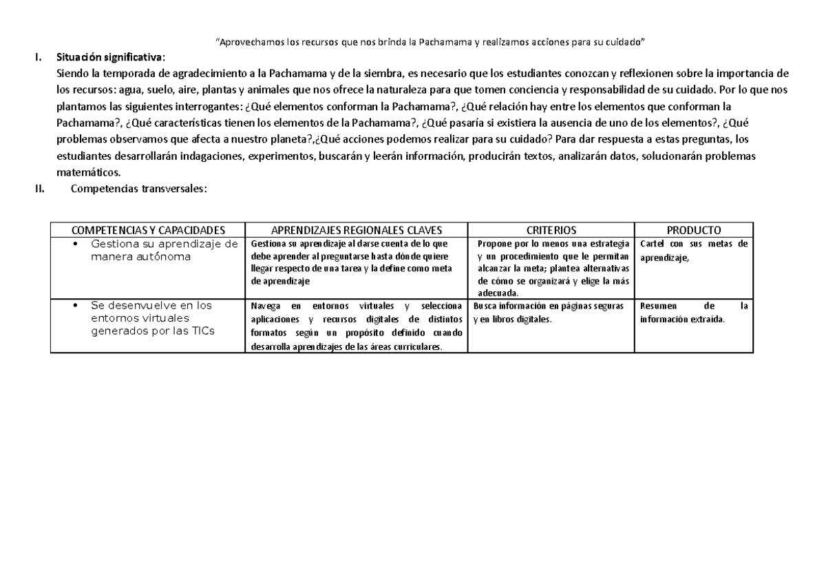 Pachamama - Situación significativa: Siendo la temporada de ...