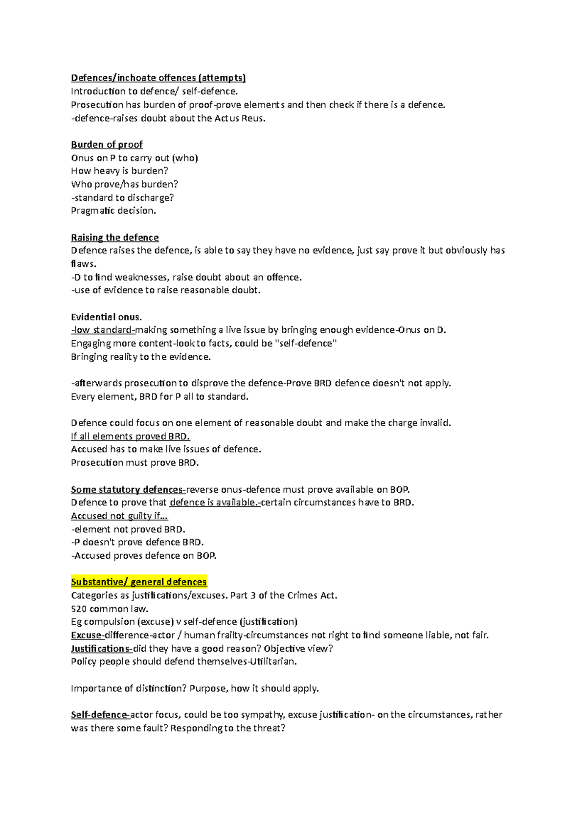 Starting self-defence topic - Defences/inchoate offences (attempts ...