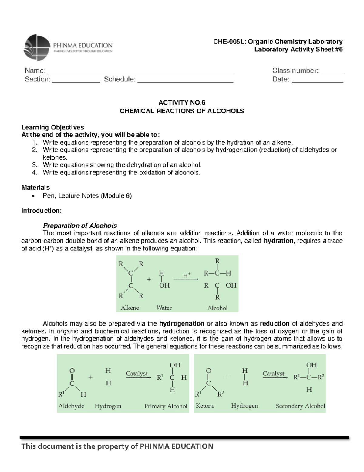 LAS6 CHE 005L - Chemical Reactions of Alcohols - Laboratory Activity ...