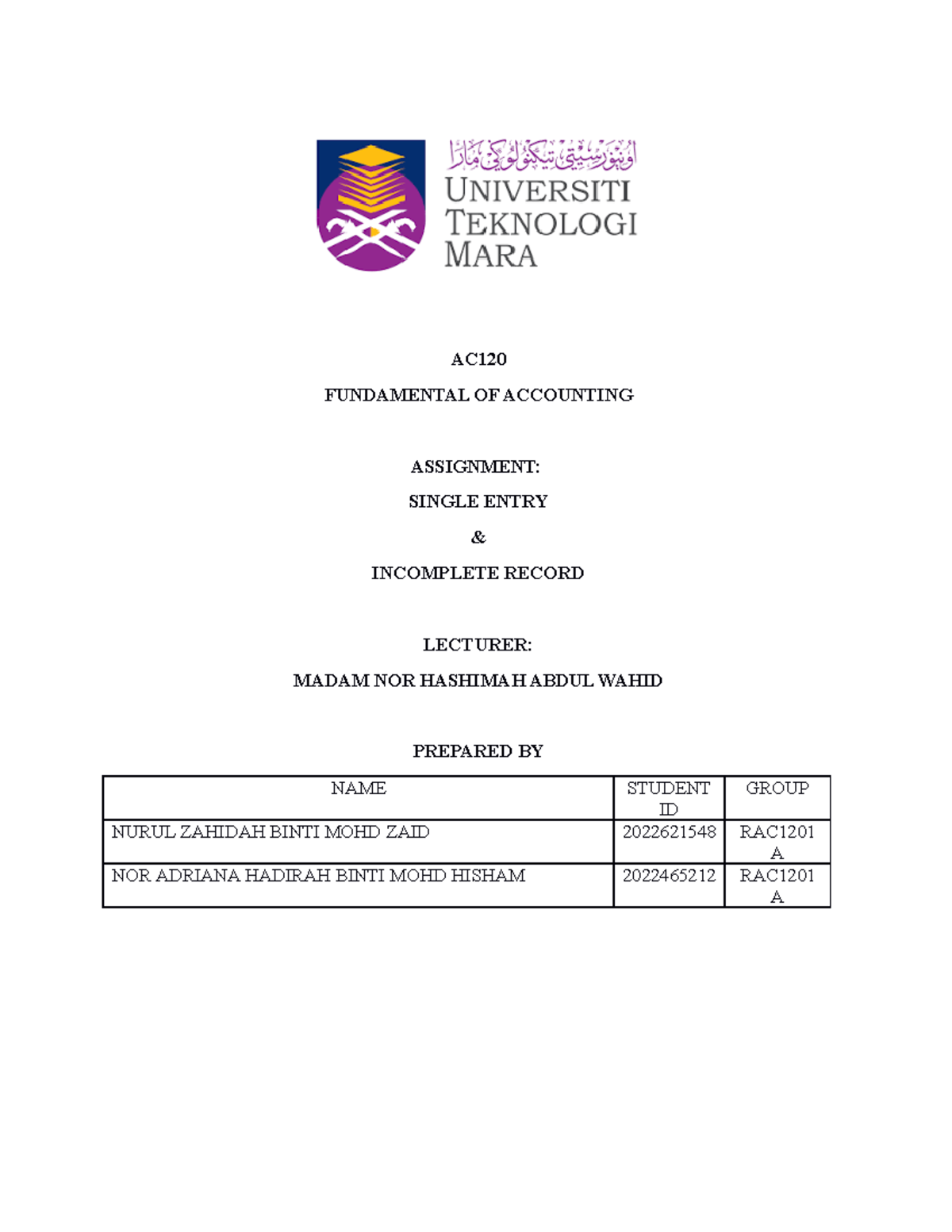 Assignment Incomplete Record and PBL (FAR110) - AC FUNDAMENTAL OF ...