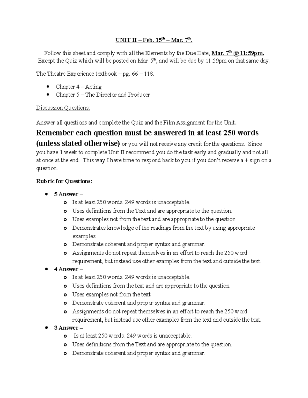 Unit II - theater - UNIT II – Feb. 15 th – Mar. 7 th. Follow this sheet ...