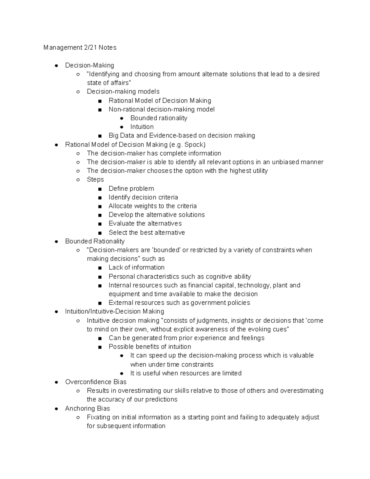 Management 2 21 Notes - Management 2/21 Notes Decision-Making ...