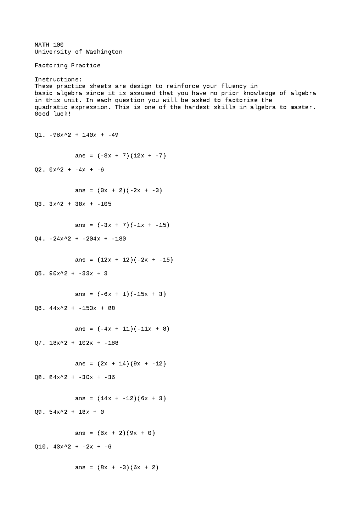 MATH100 factoring quadratics practice worksheet 30 - MATH 100 ...