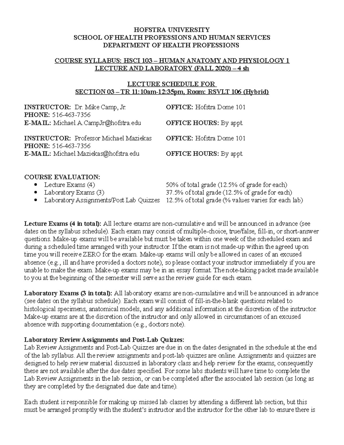 Syllabus - HOFSTRA UNIVERSITY SCHOOL OF HEALTH PROFESSIONS AND HUMAN ...