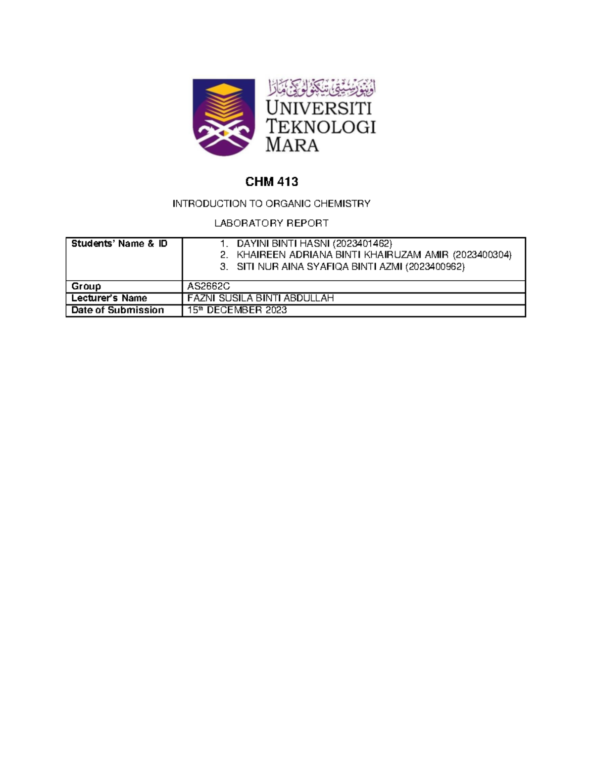 Experiment 5A la reports - organic chemistry - CHM 413 INTRODUCTION TO ORGANIC CHEMISTRY ...