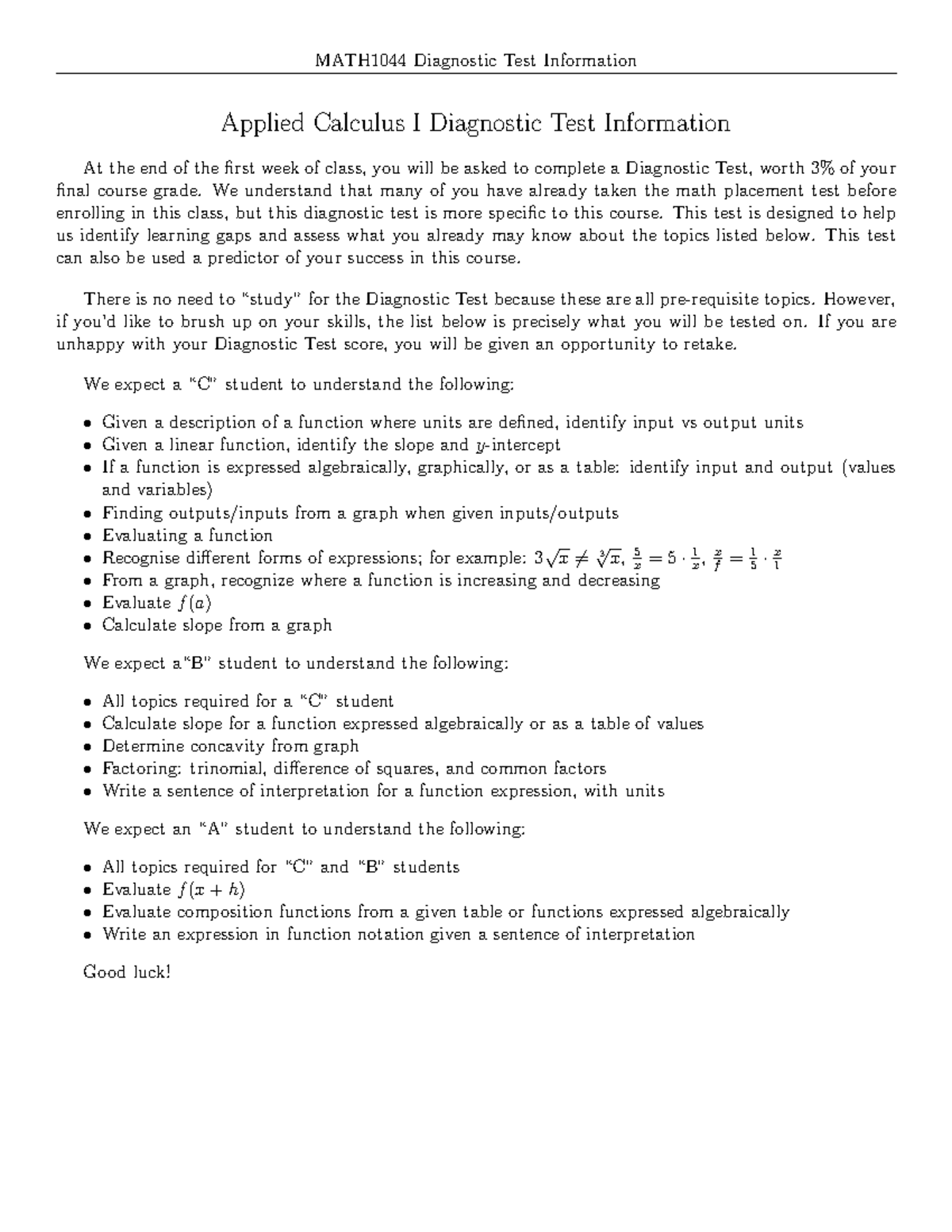Diagnostic Handout - MATH1044 Diagnostic Test Information Applied ...