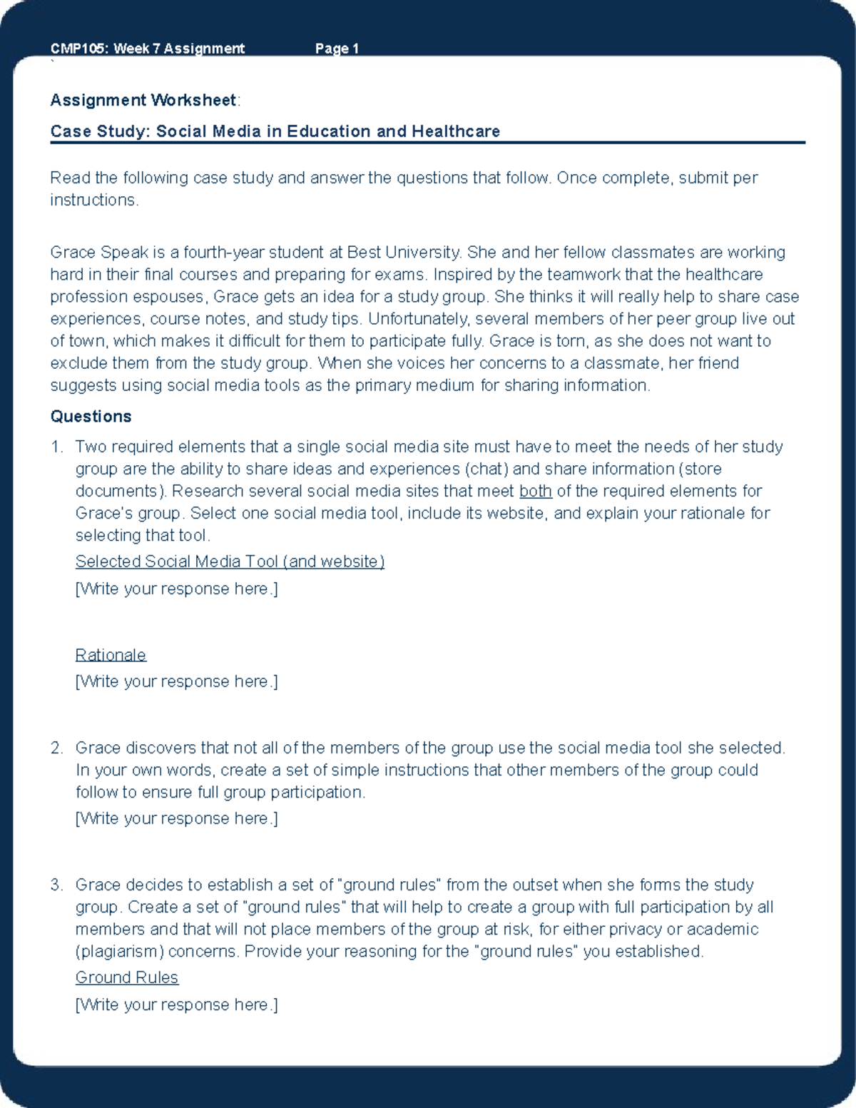CMP105H Wk7 Assignment - CMP105: Week 7 Assignment Page 1 ` Assignment ...