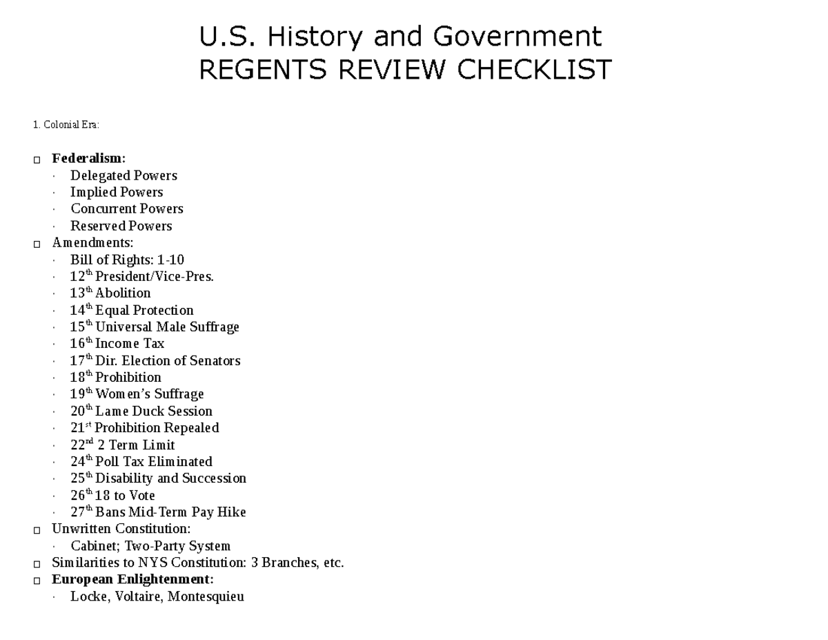 US History Checklist - review guide - U. History and Government REGENTS ...