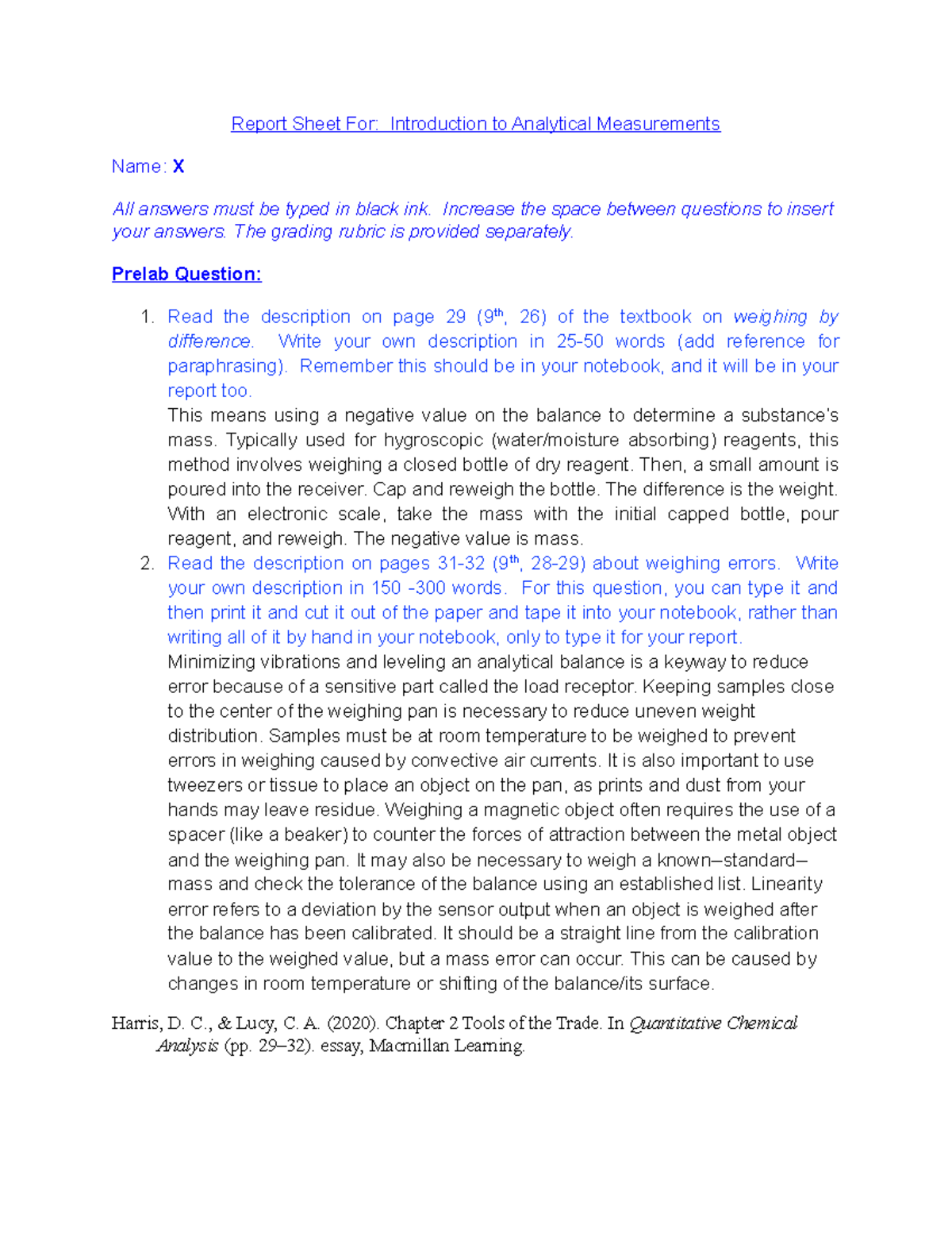 Lab 1 - Measurements - Report Sheet For: Introduction to Analytical ...