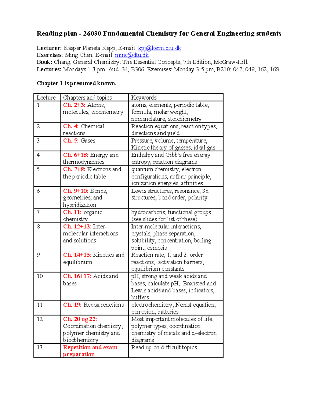 Readingplan 26030 - plan - Reading plan - 26030 Fundamental Chemistry ...
