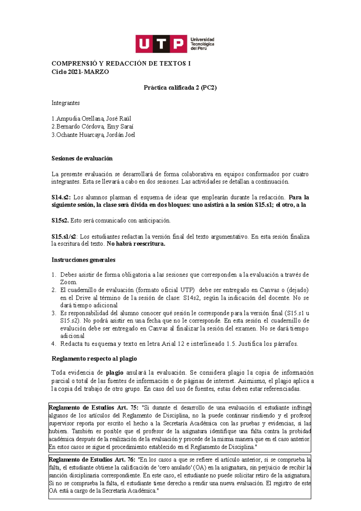 -S14.s2 y S15 Práctica Calificada 2 (Formato oficial UTP) 2021-marzo - COMPRENSIÓ Y REDACCIÓN DE ...