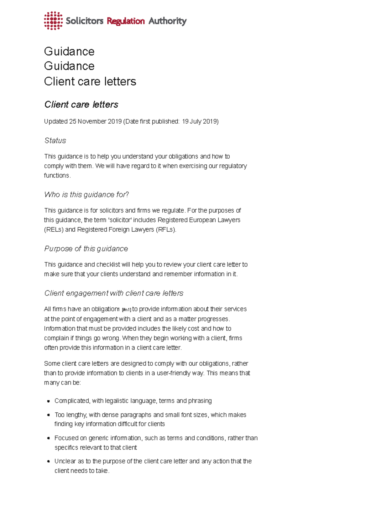 SRA Guide for Cleint Care letter - Guidance Guidance Client care ...