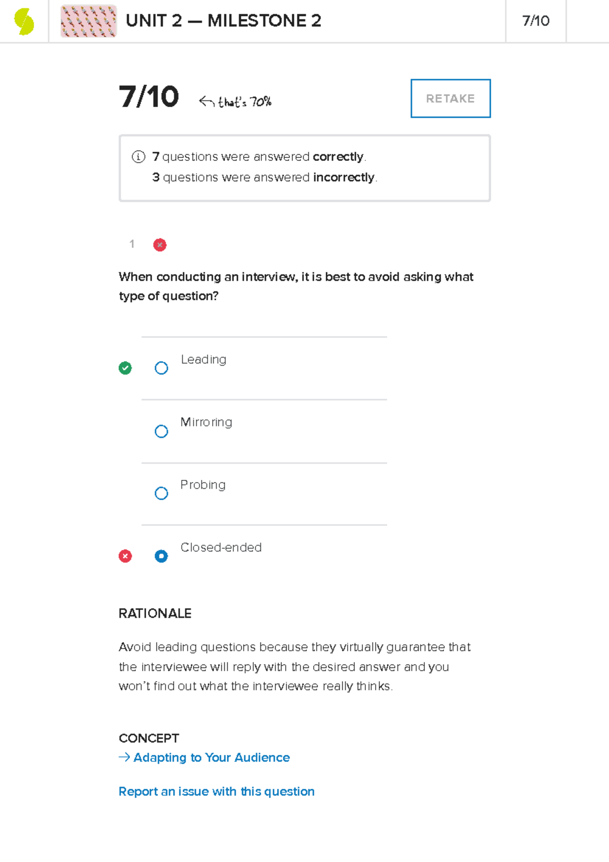 Milestone 02 test - 1 CONCEPT → Adapting to Your Audience 7 / 10 that's ...