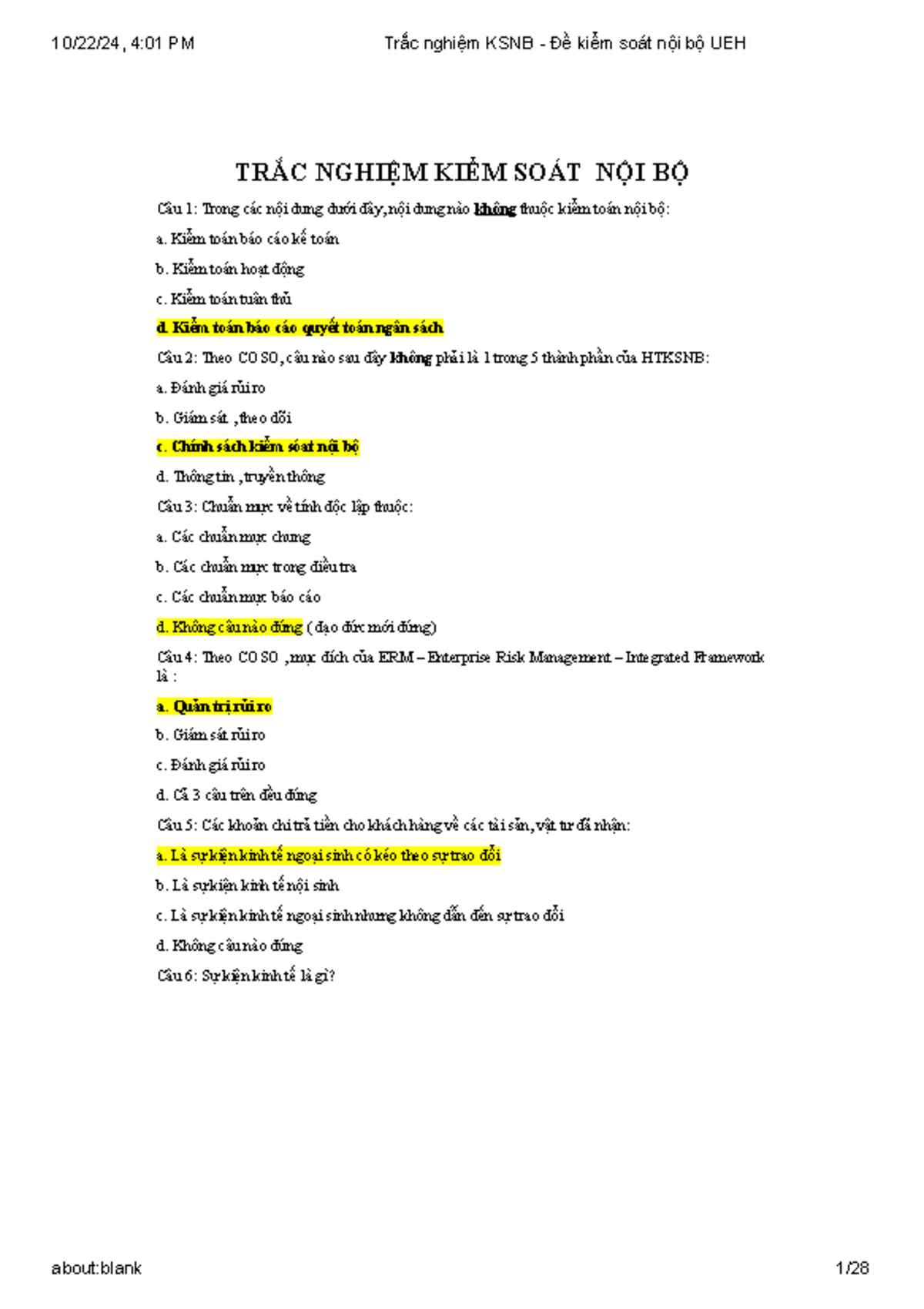 Trắc nghiệm KSNB - Đề kiểm soát nội bộ UEH - TRẮC NGHIỆM KIỂM SOÁT NỘI ...