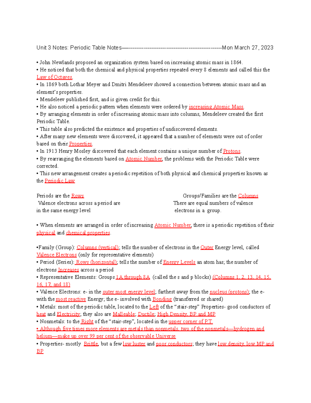 Unit 3 Notes Periodic Table Notes - Unit 3 Notes: Periodic Table Notes ...