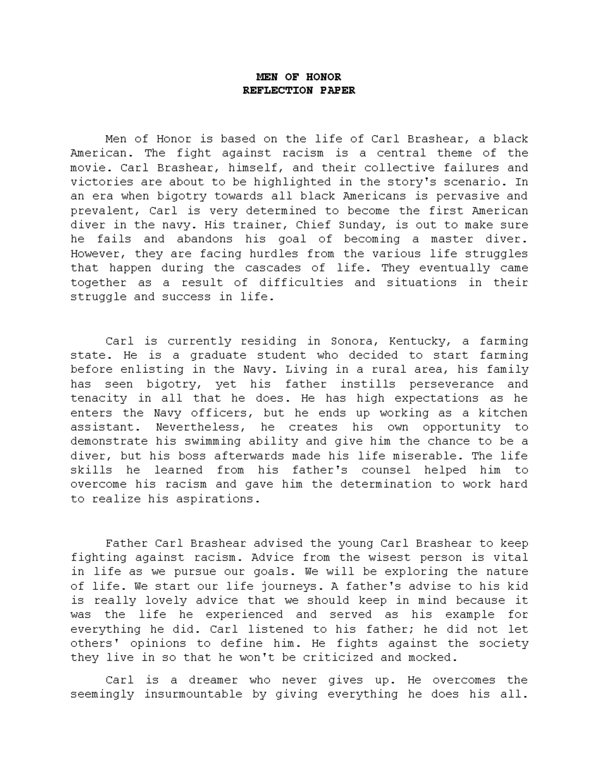 Reaction Paper - MEN OF Honor - MEN OF HONOR REFLECTION PAPER Men of ...