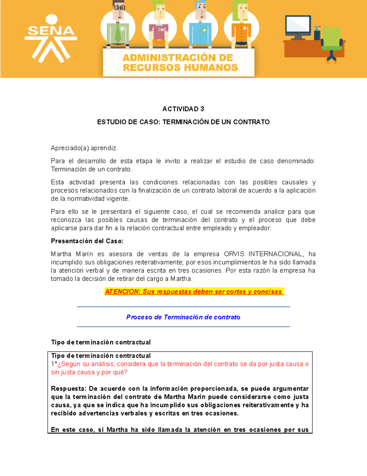 Actividad 3 Curso Admin Recursos Humanos - ACTIVIDAD 3 ESTUDIO DE CASO: TERMINACIÓN DE UN ...