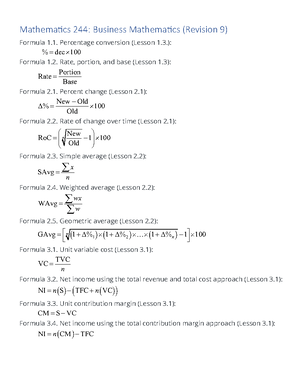 MATH 244 formulas 5 - Mathema cs 244: Business Mathema cs (Revision 9) Formula 7. Future value ...