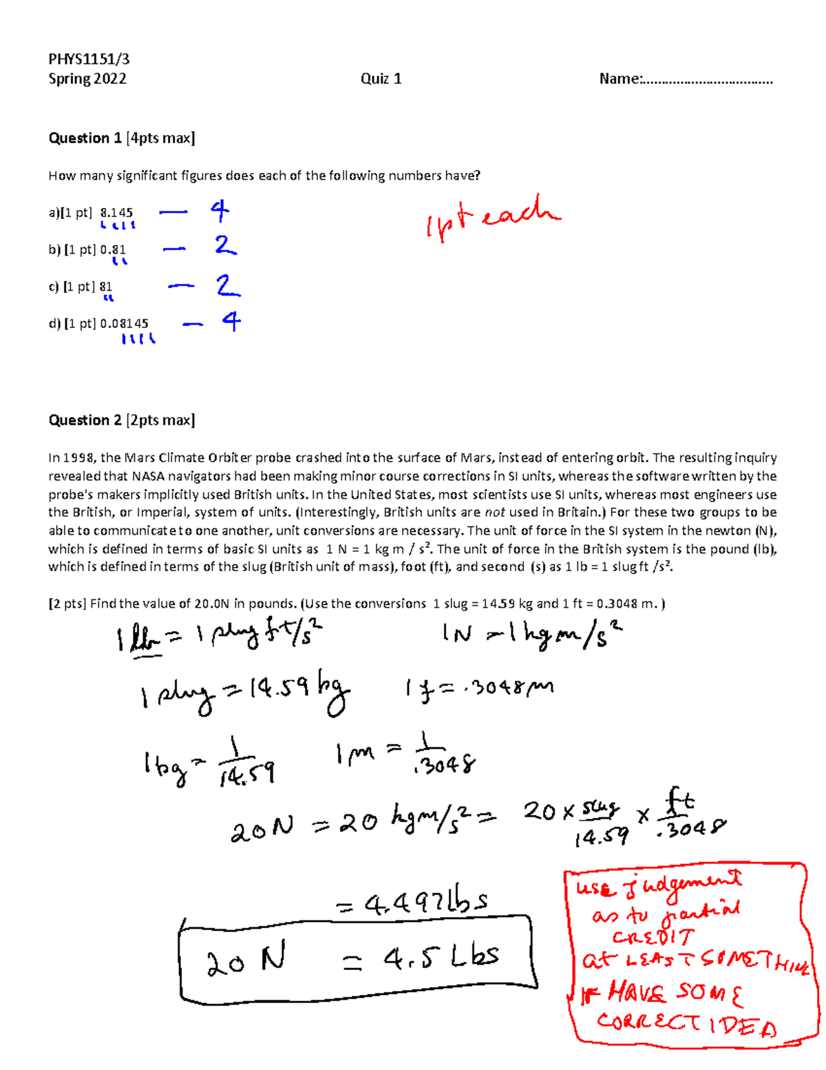 PHYS1153SP2-Q1-solved - PHYS1151/ Spring 2022 Quiz 1 Name