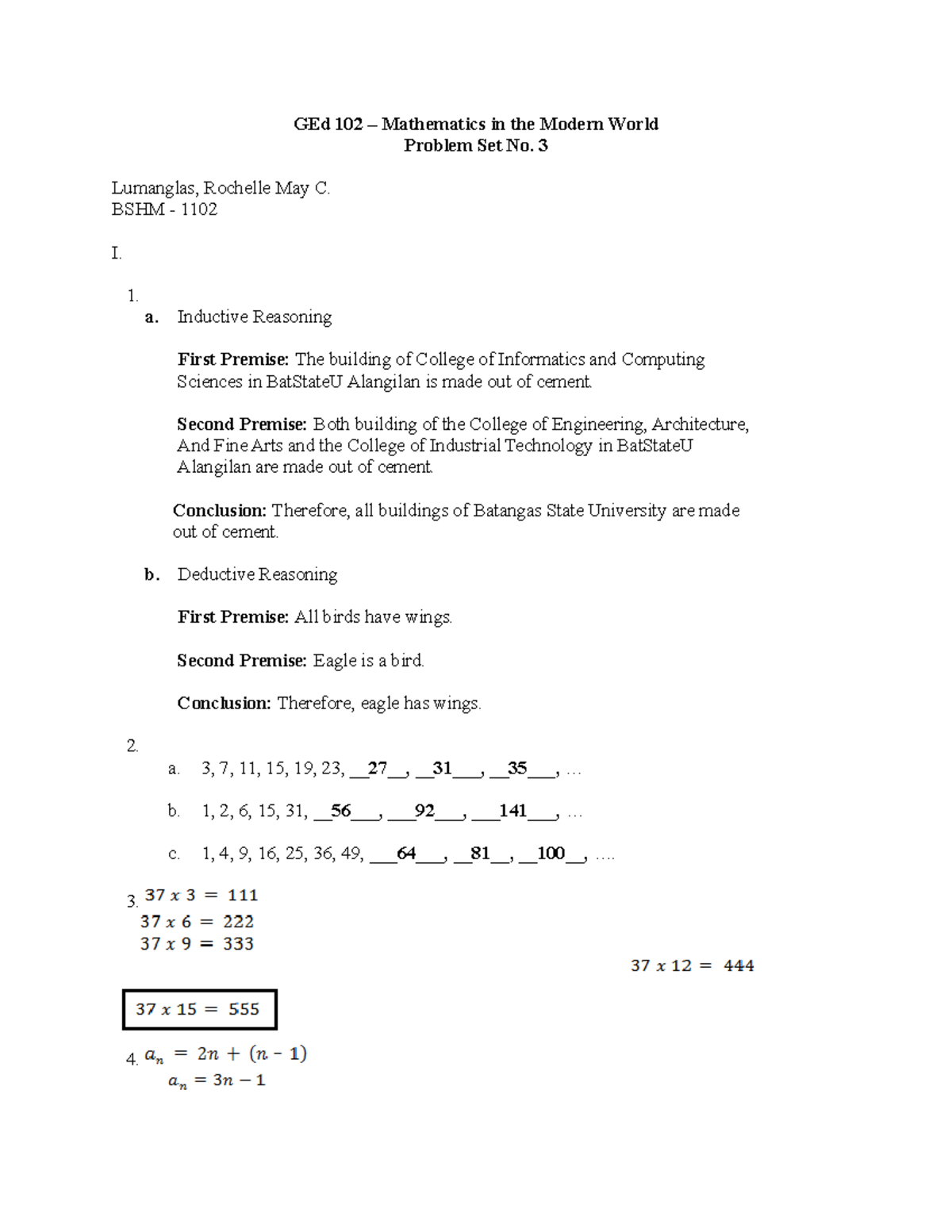 Rochelle-May Lumanglas Problem Set 3 - GEd 102 – Mathematics in the ...