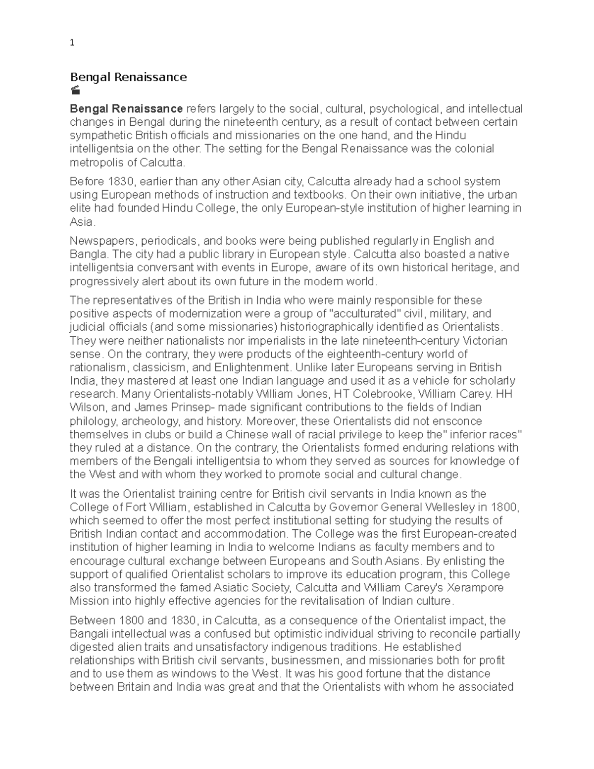 Bengal Renaissance - NOTE - Bengal Renaissance Bengal Renaissance ...