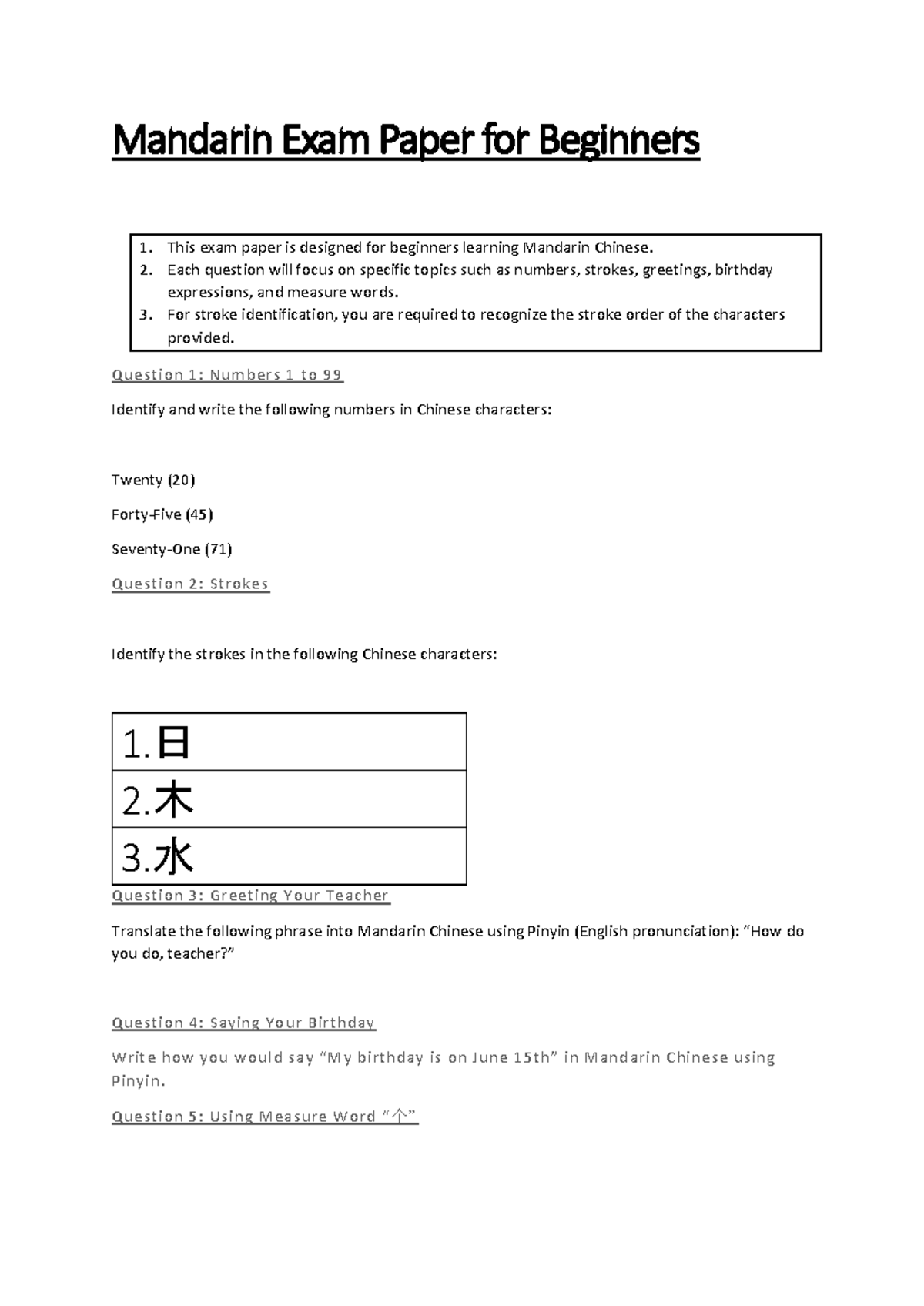 Mandarin Exam Paper for 8B - Mandarin Exam Paper for Beginners This ...