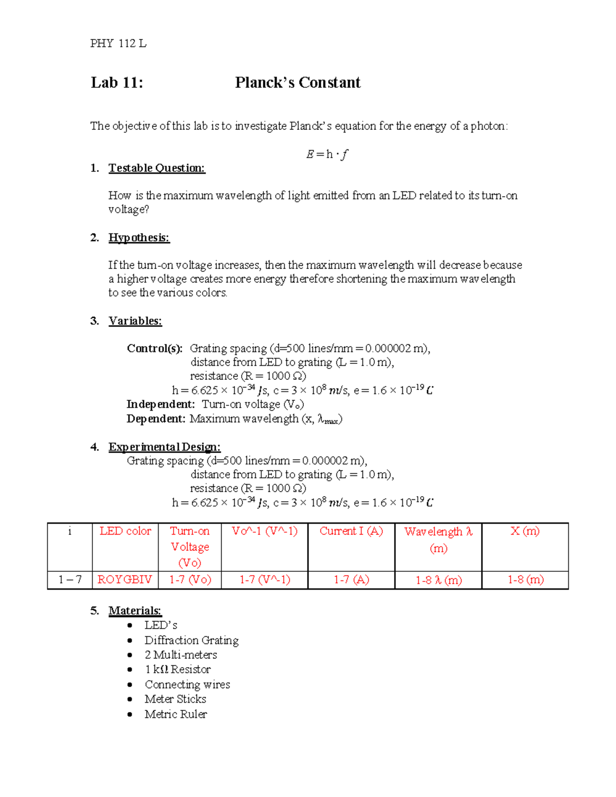 Lab 11 Planck’s Constant-2 - Lab 11 : Planck’s Constant The objective ...