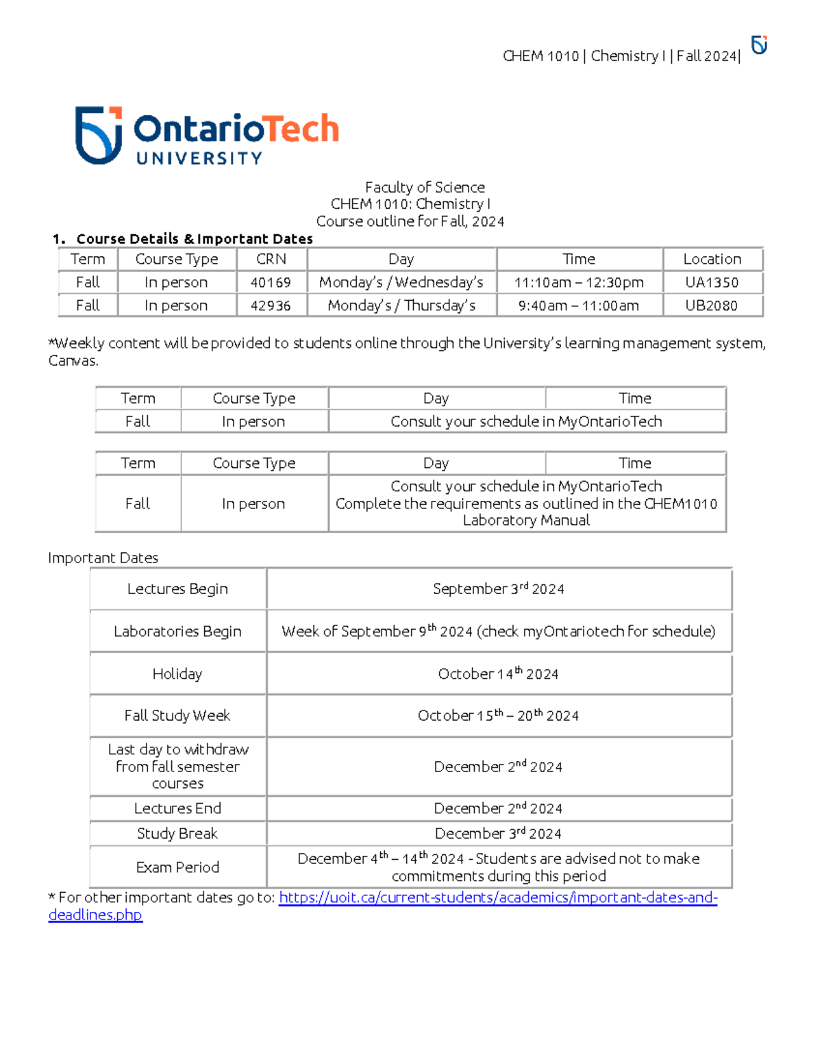 CHEM 1010 syllabus FA24 - Faculty of Science CHEM 1010: Chemistry I Course outline for Fall ...