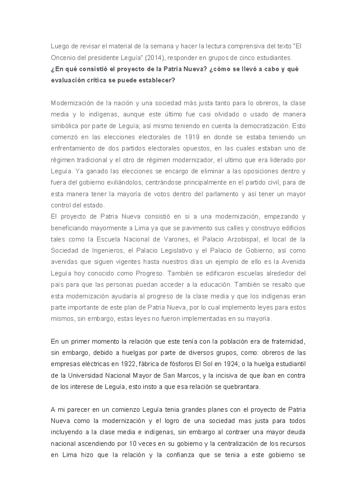 Ensayo del oncenio de leguia - Luego de revisar el material de la ...