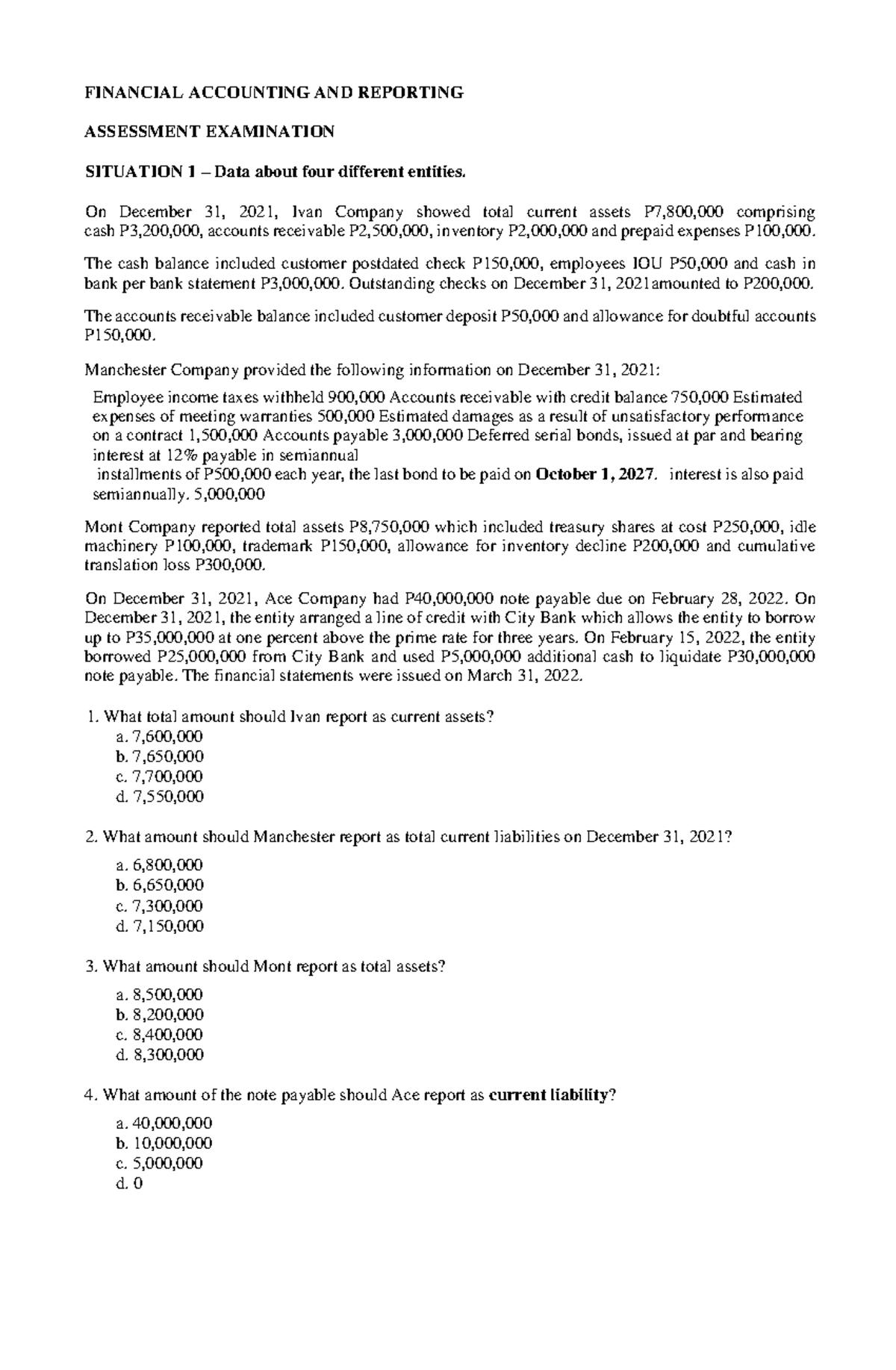 Assesstment- Examination - FINANCIAL ACCOUNTING AND REPORTING ...