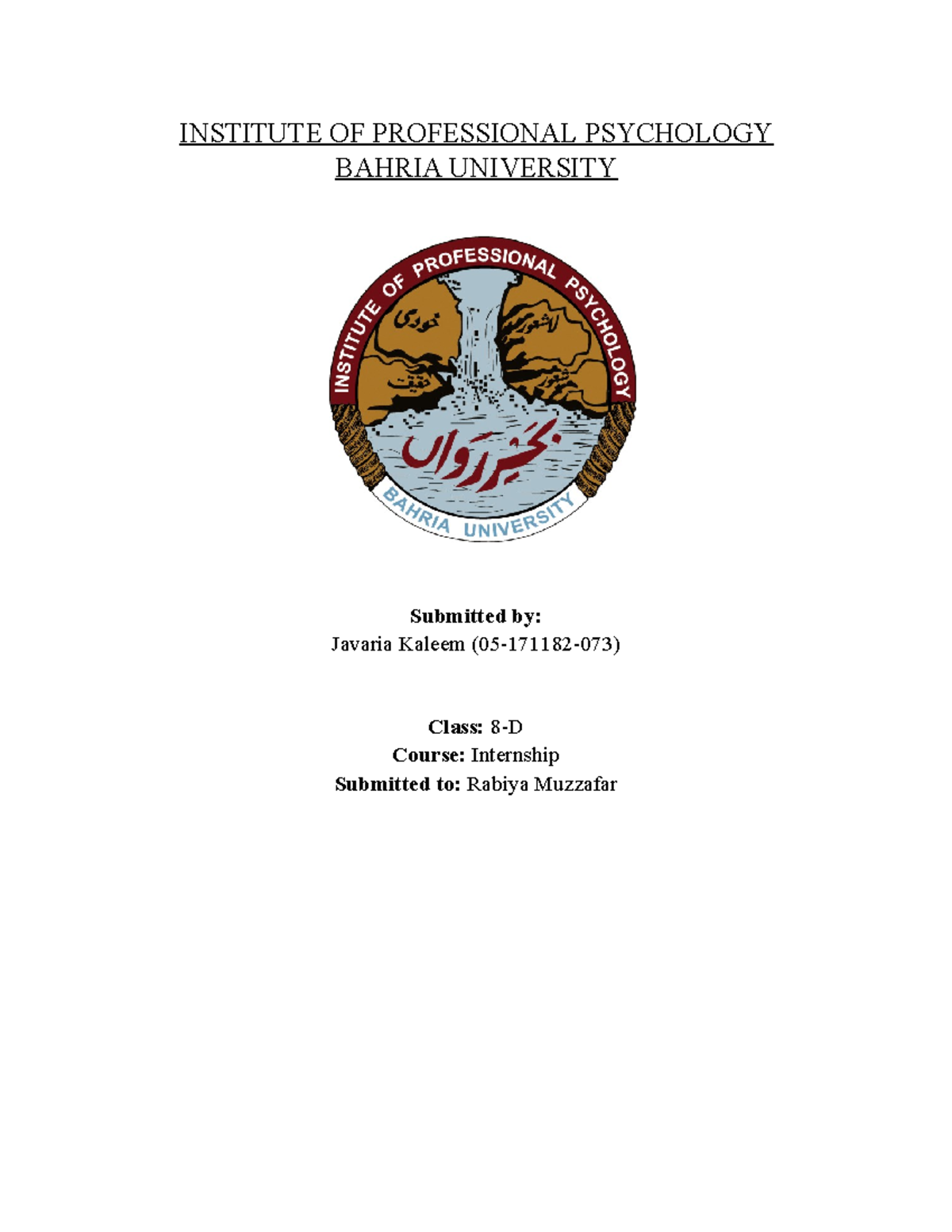 Book review - INSTITUTE OF PROFESSIONAL PSYCHOLOGY BAHRIA UNIVERSITY Submitted by: Javaria ...