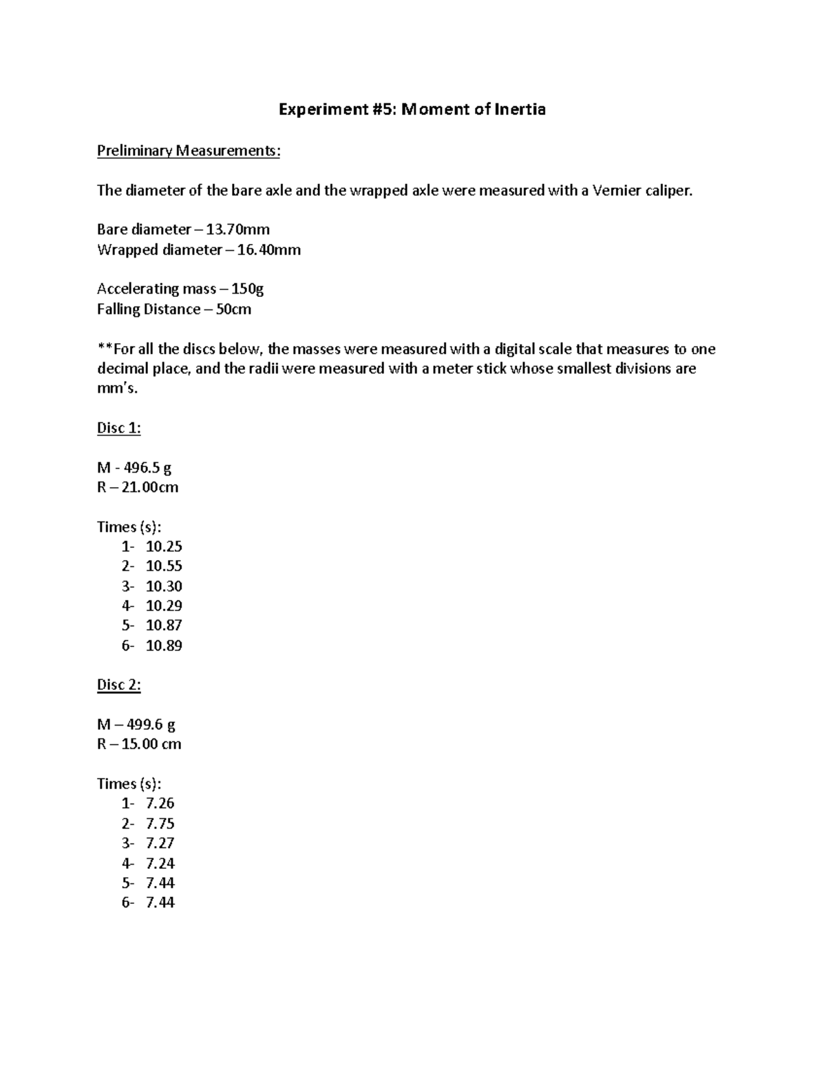 109-5-data - notes - Experiment #5: Moment of Inertia Preliminary ...