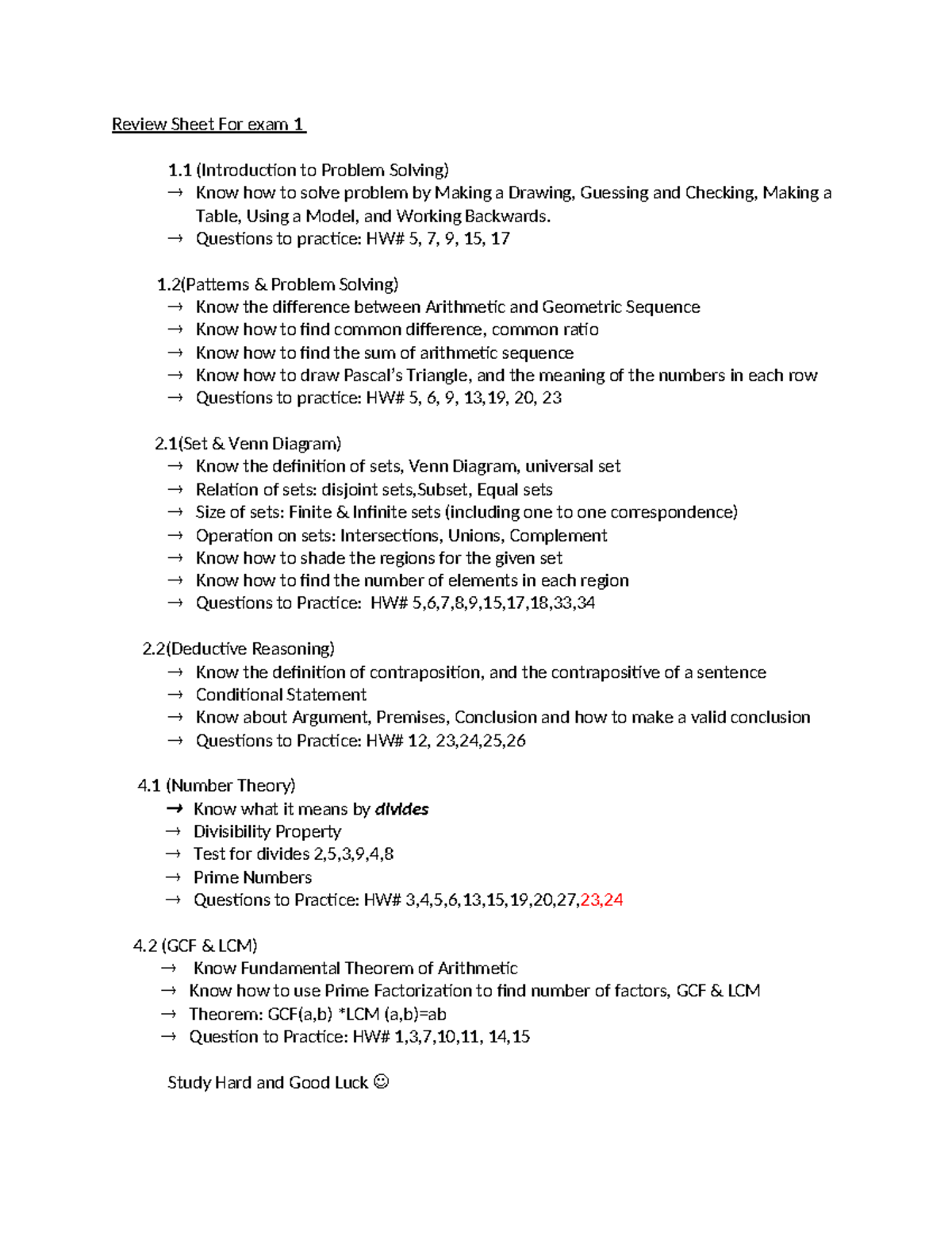 Math 119 Review Sheet 1 - good - Review Sheet For exam 1 1 ...