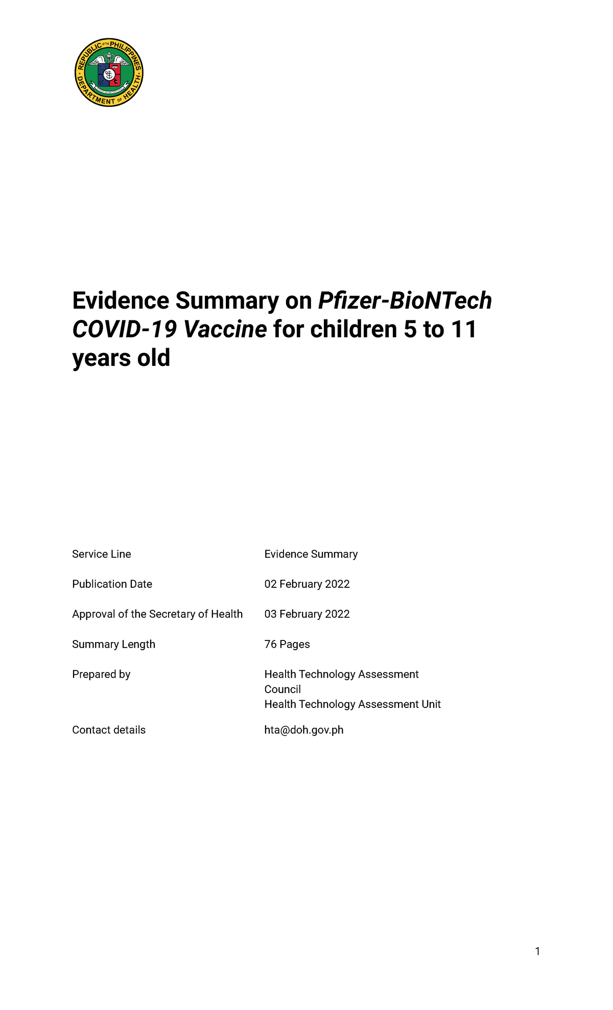 Summary for Feb 2022 - Evidence Summary on Pfizer-BioNTech COVID-19 Vaccine for children 5 to 11 ...