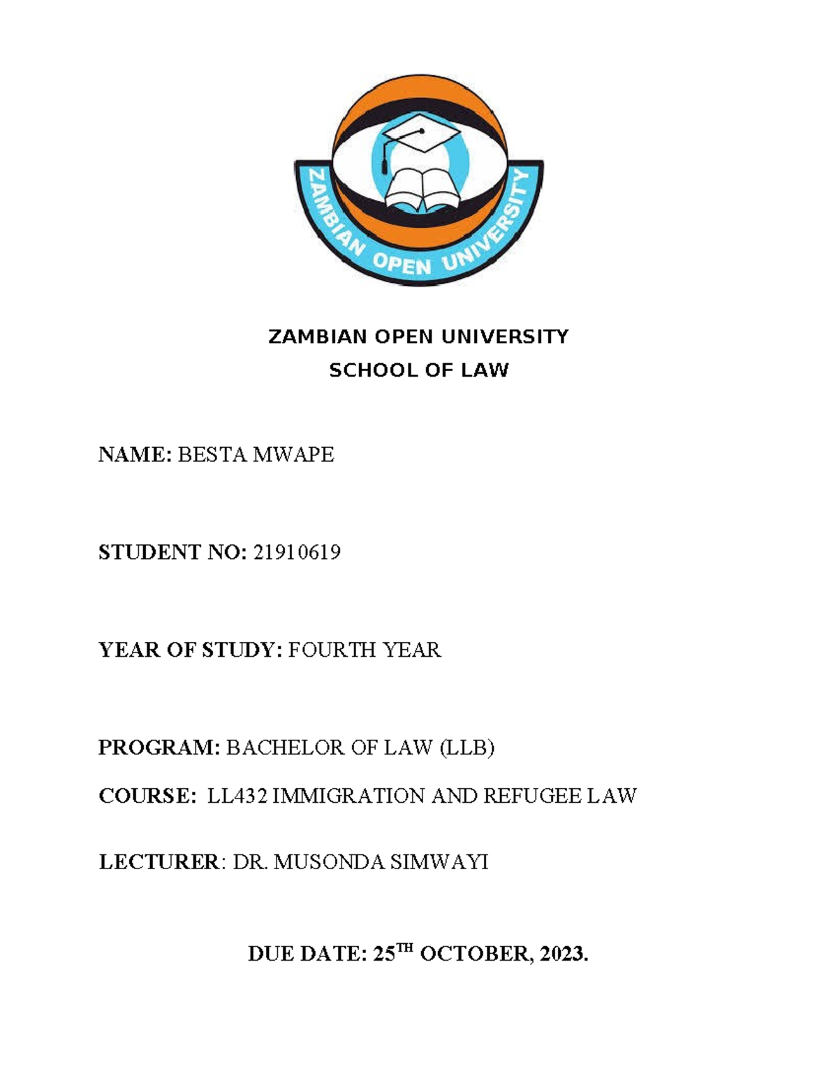 Immigration and Deportation in Zambia - ZAMBIAN OPEN UNIVERSITY SCHOOL ...