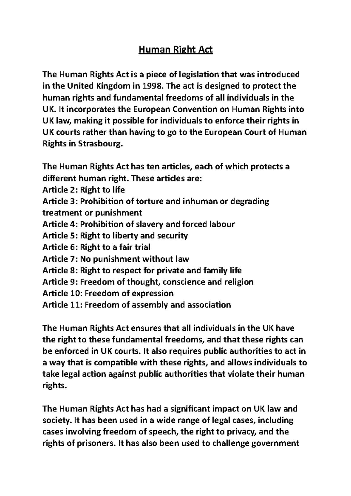 Human Right Act - n/a - Human Right Act The Human Rights Act is a piece ...