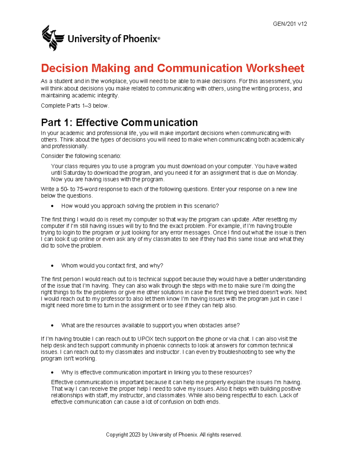 n+communcation+worksheet - GEN/201 v Decision Making and Communication ...