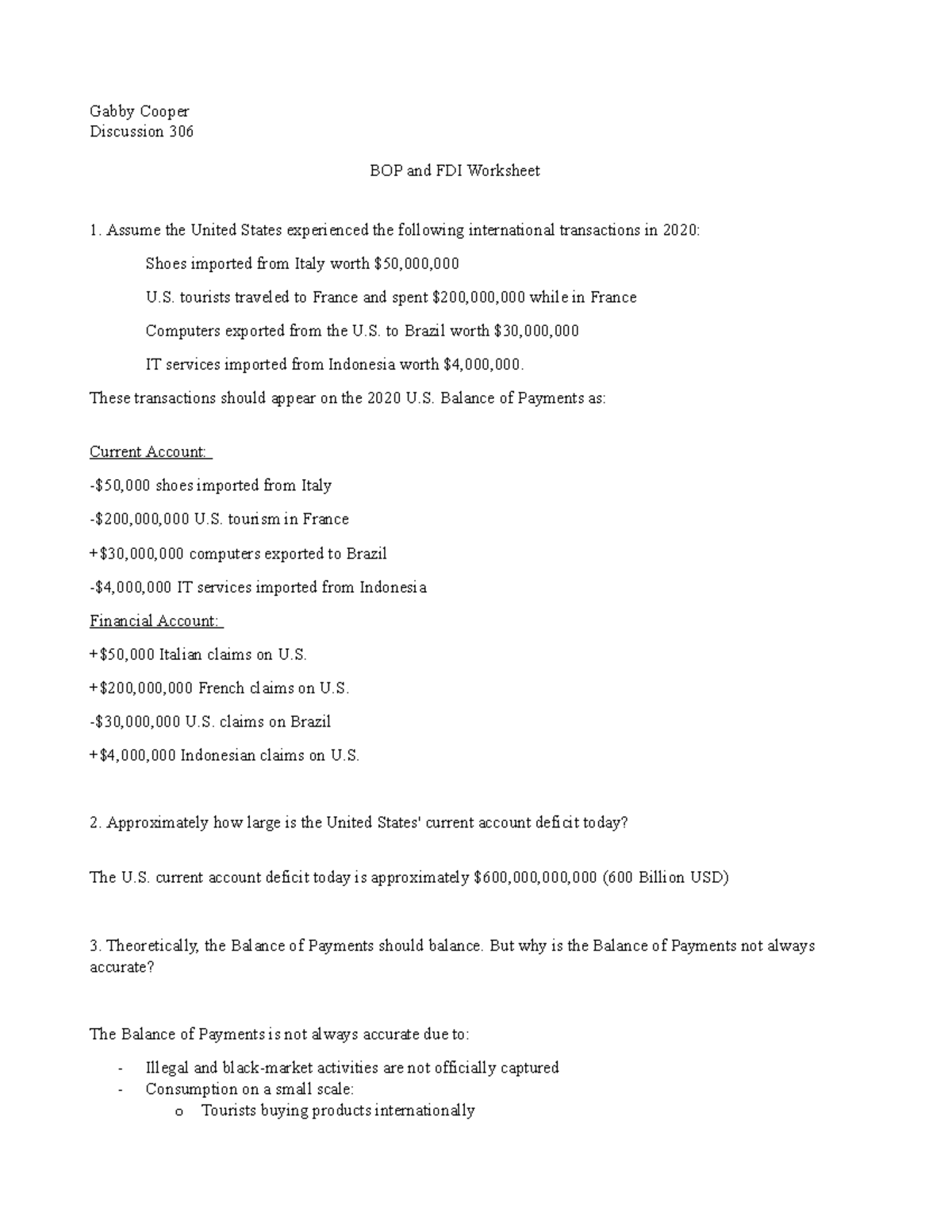 BOP and FDI Worksheet - Spring 2023 - Gabby Cooper Discussion 306 BOP ...