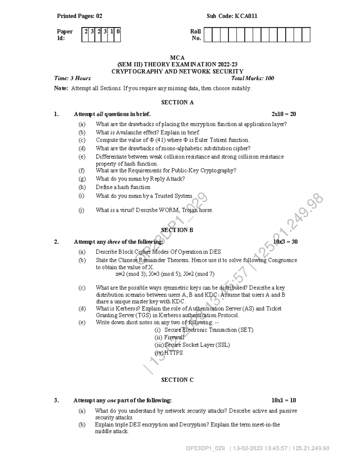 Mca 3 sem cryptography and network security kca011 2023 - QP23DP1_ | 13 ...